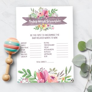 Baby Word Scramble, Baby Shower Game, Watercolor Floral Game Card, Baby ...