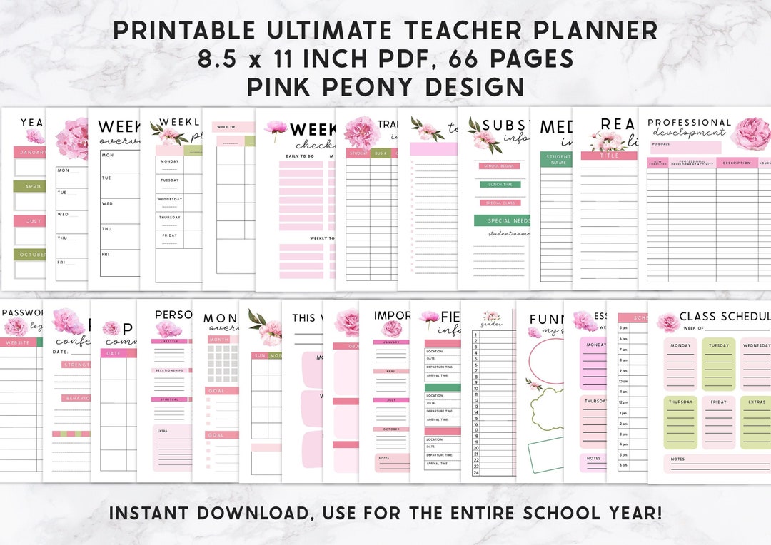 Ultimate Printable Teacher Planner, Pink Peony Theme Teacher Binder ...