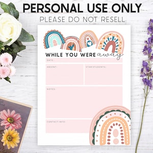 Printable Substitute Teacher While You Were Away Note, Boho Rainbow ...