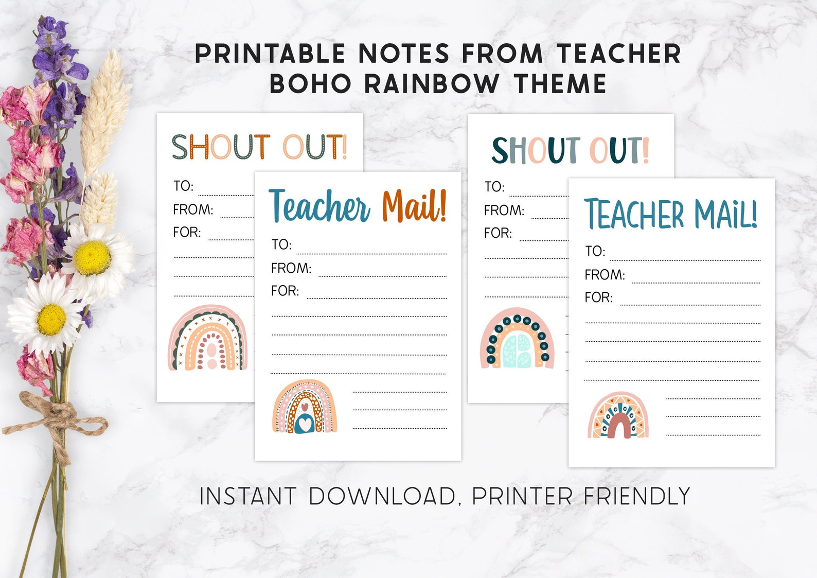 Printable Notes From Teacher Cards, Boho Rainbow Reward Cards, Rainbow ...