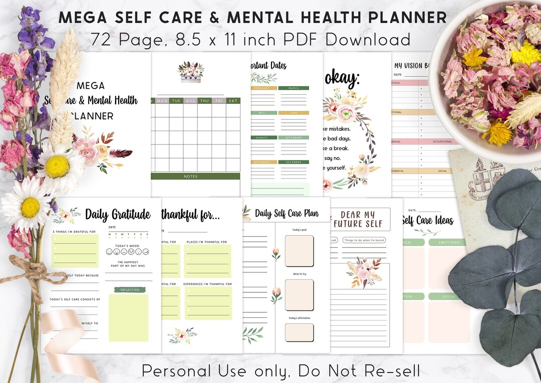 Printable Self Care Planner, Mental Health Journal, Wellness Planner ...