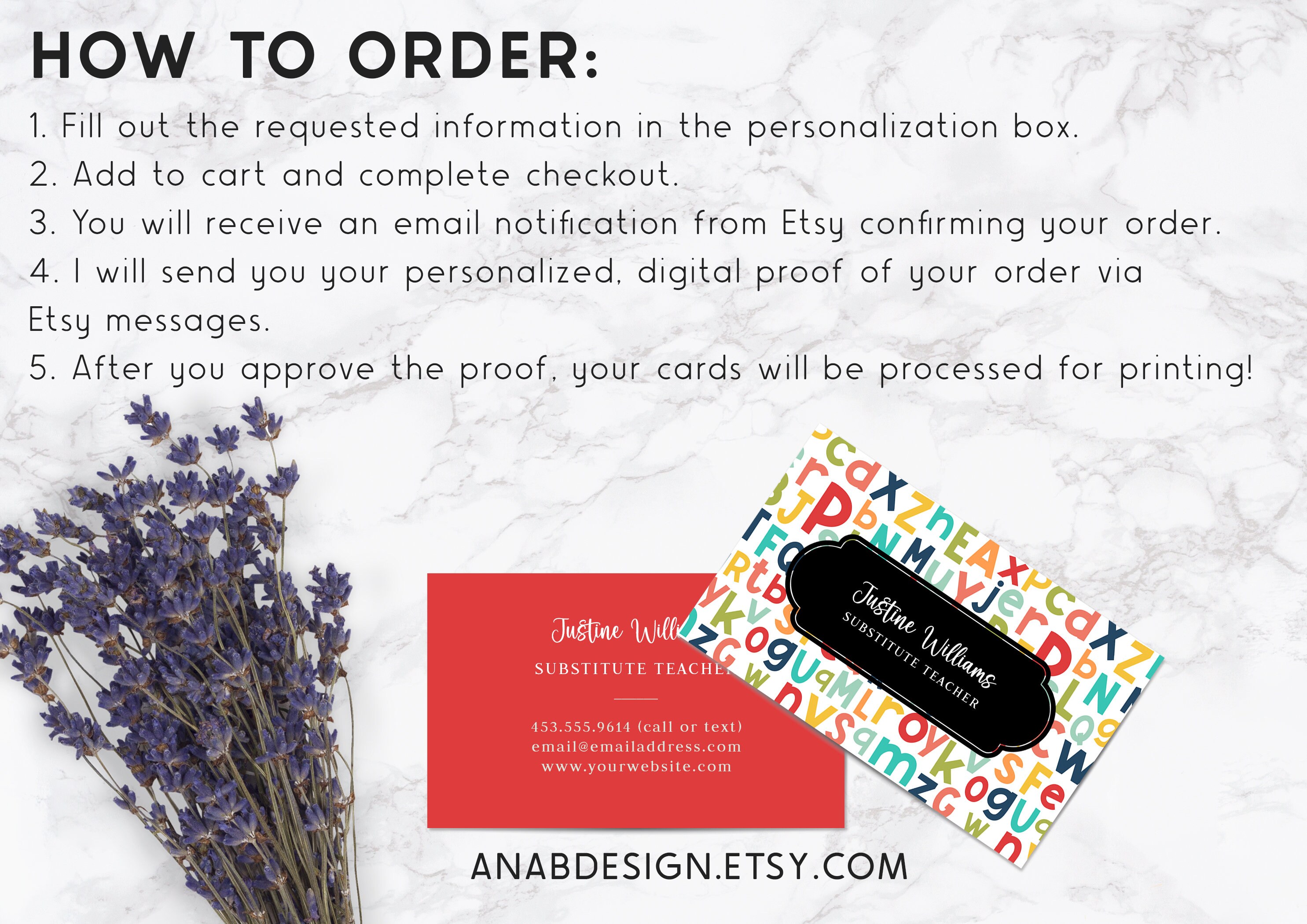 Substitute Teacher Business Cards Elementary Alphabet School - Etsy