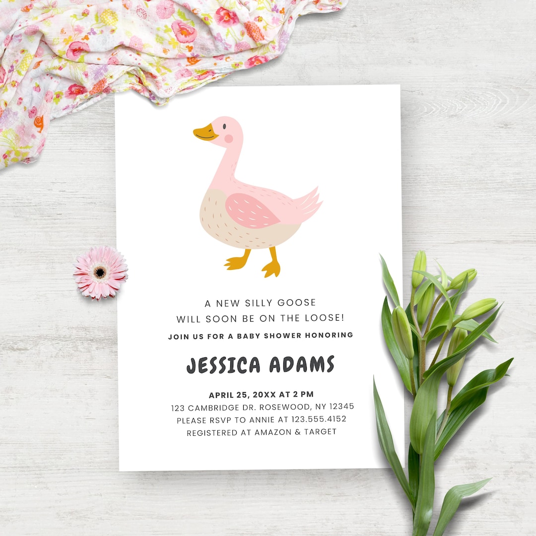 Editable Silly Goose on the Loose Baby Shower Invitation Template, Pink ...