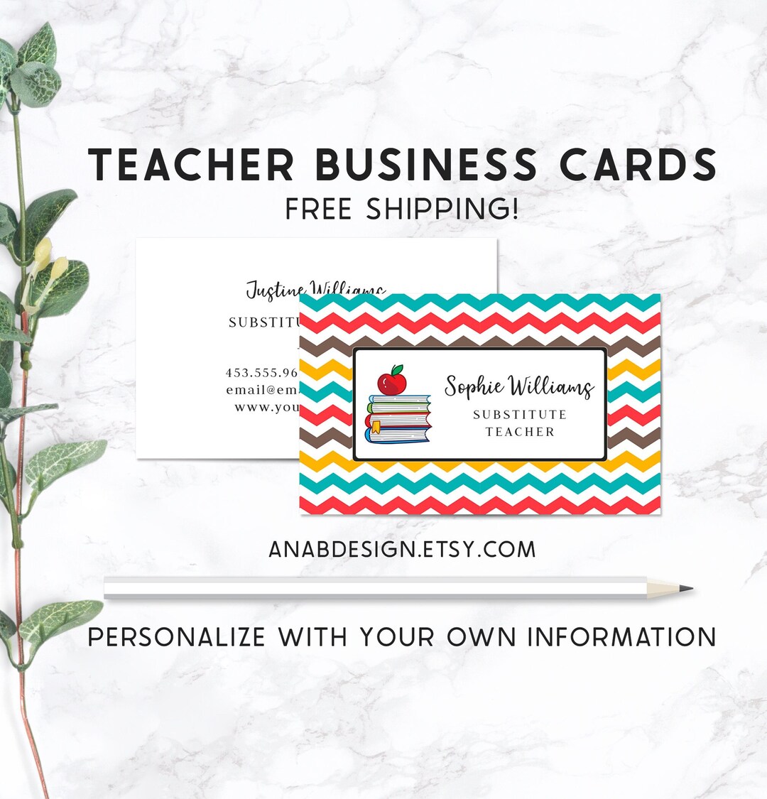 Substitute Teacher Business Cards Chevron Stripes Open House - Etsy