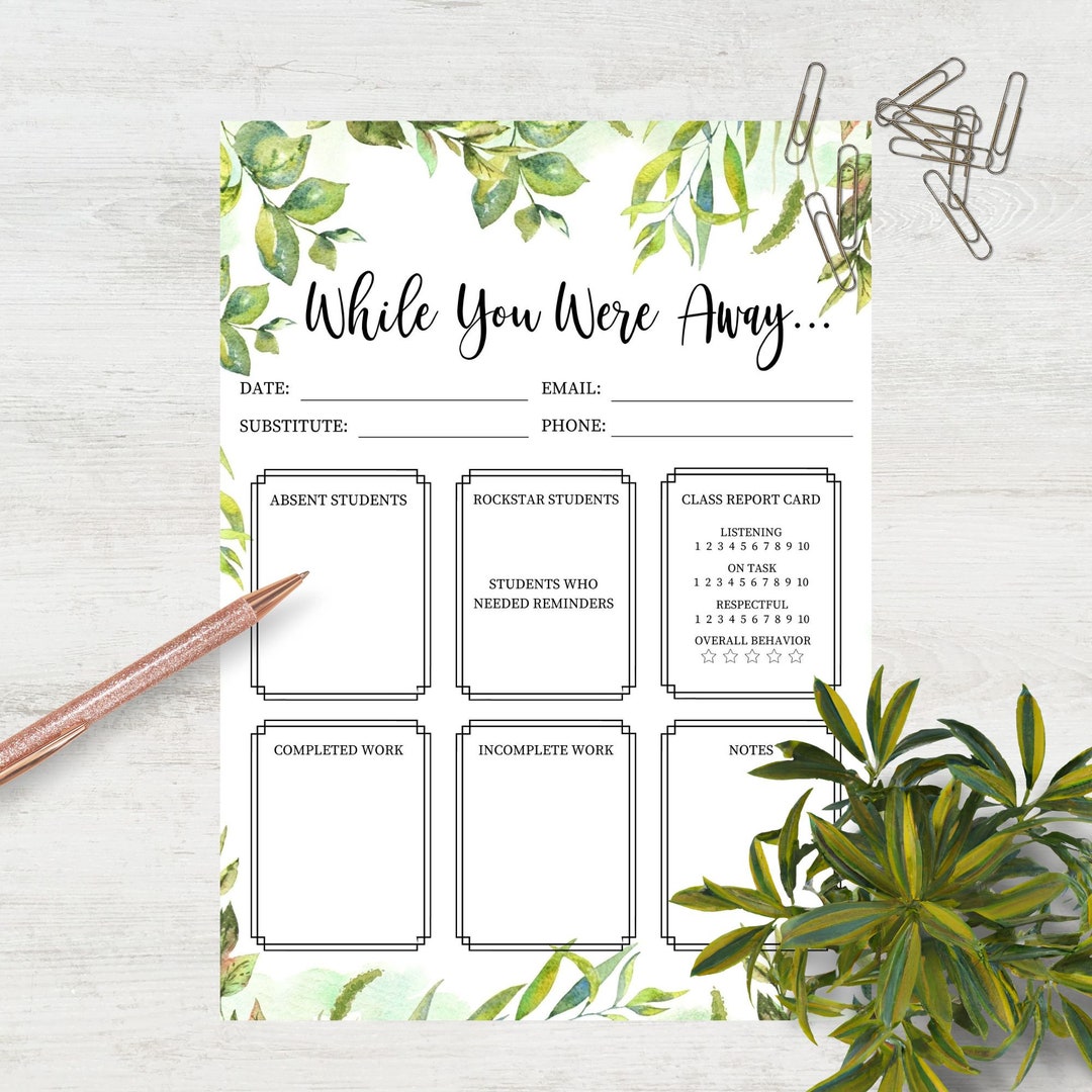 Editable Substitute Teacher Note, Greenery While You Were Away Letter ...