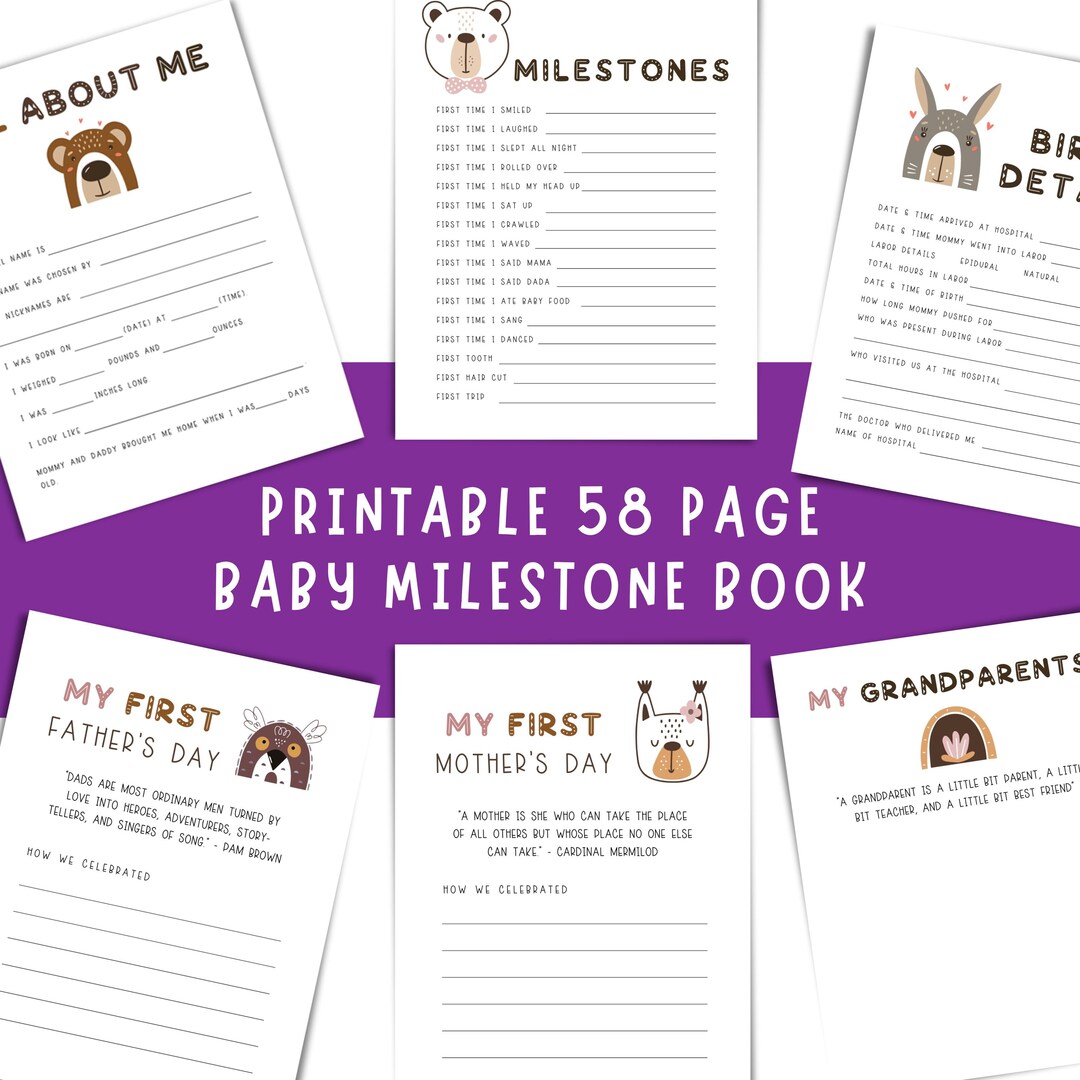 Printable Baby Milestone Book, Animal Faces Monthly Memory Book Pages ...