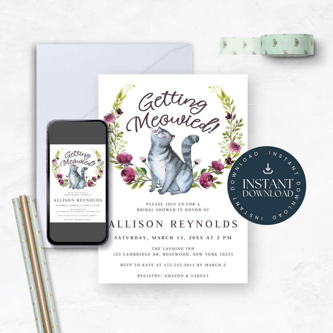 Editable Bridal Shower Invitation Template, Getting Meowied Cat Themed ...