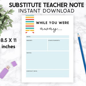 Printable Substitute Teacher Note, While You Were Away Card, Colorful ...
