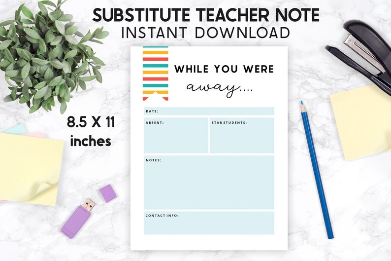 Printable Substitute Teacher Note While You Were Away Card - Etsy