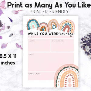 Printable Substitute Teacher While You Were Away Note, Boho Rainbow ...