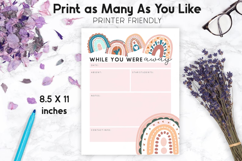 Printable Substitute Teacher While You Were Away Note, Boho Rainbow ...