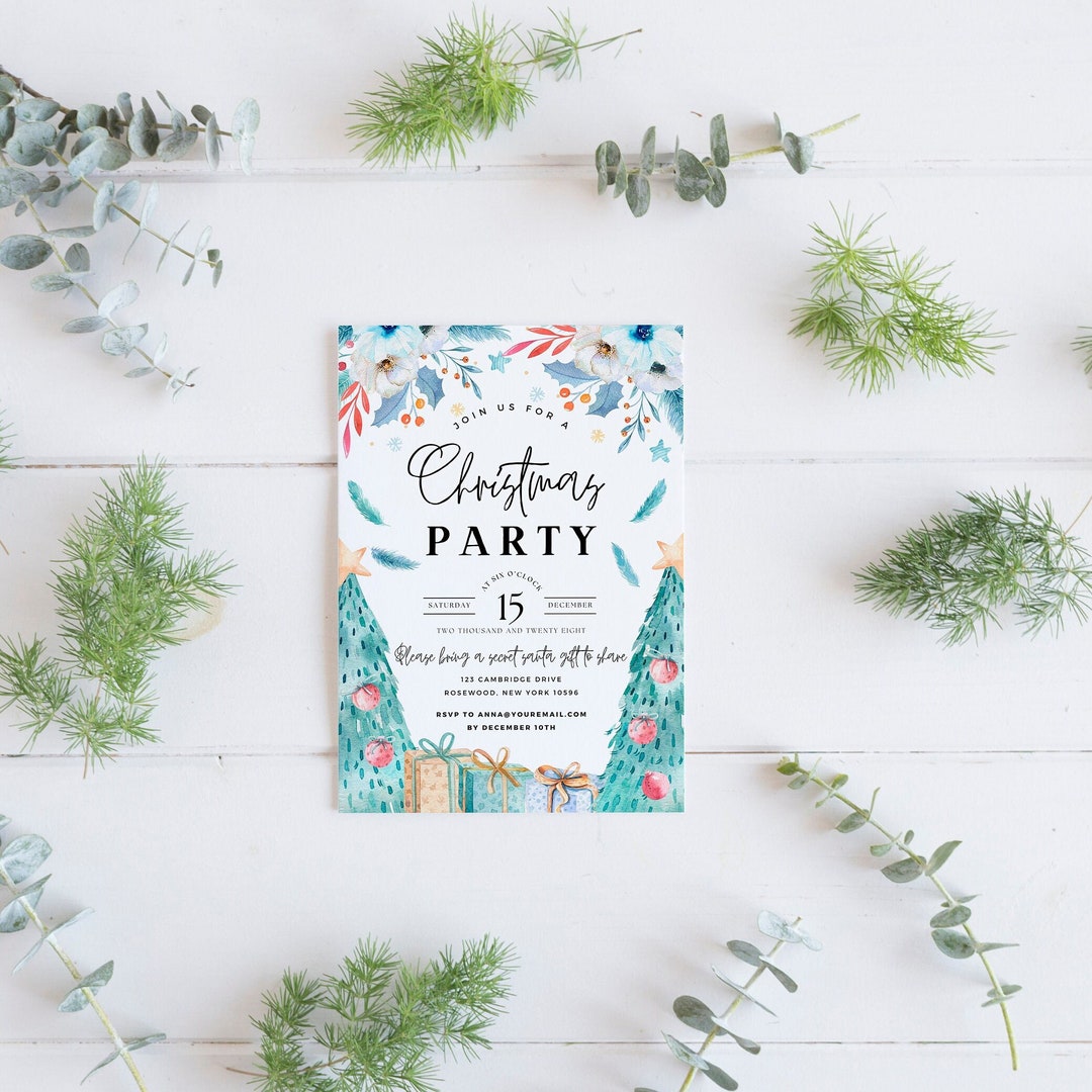 Editable Christmas Party Invitation, Boho Watercolor Christmas Invite ...