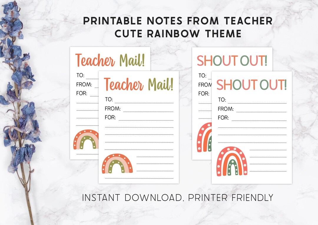 Printable Teacher Mail, Rainbow Notes From Teacher Cards, Rainbow ...