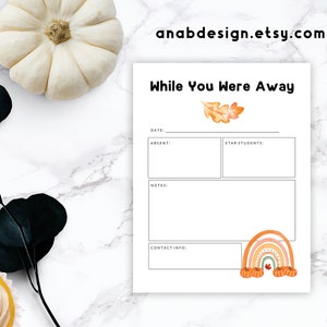 Printable Substitute Teacher Note, Fall While You Were Away Note ...