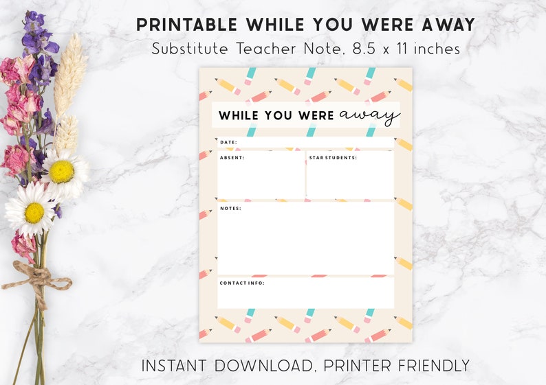 Printable Substitute Teacher Note While You Were Away Note - Etsy