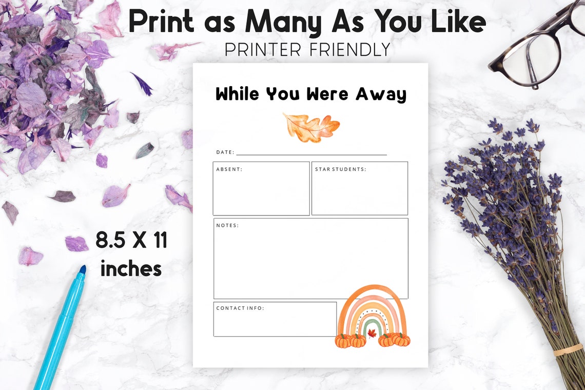 Printable Substitute Teacher Note Fall While You Were Away - Etsy