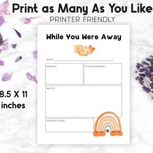 Printable Substitute Teacher Note, Fall While You Were Away Note ...