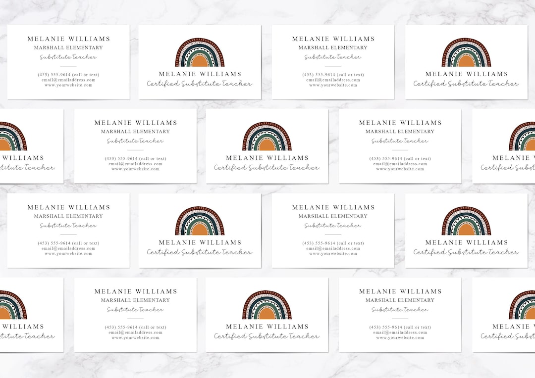 Substitute Teacher Business Cards, Back to School Teacher Contact Cards ...