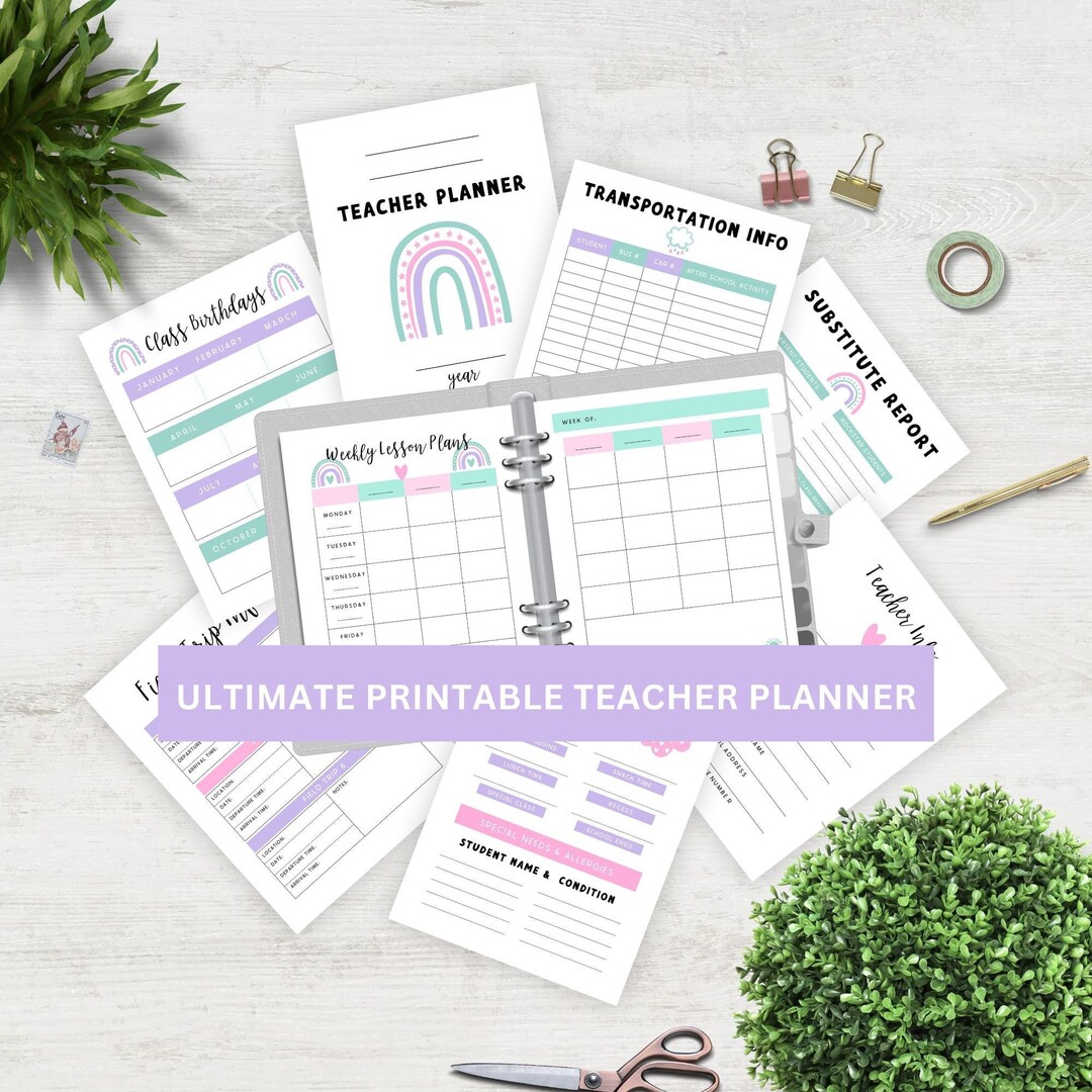 Printable Teacher Planner, Pastel Rainbow Teacher Binder, Big Teacher ...