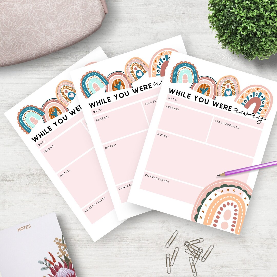 Printable Substitute Teacher While You Were Away Note, Boho Rainbow ...