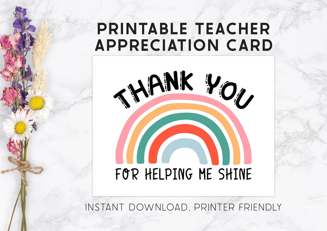 Printable Rainbow Teacher Appreciation Card Thank You for | Etsy