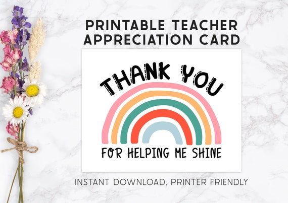 Printable Rainbow Teacher Appreciation Card Thank You for | Etsy