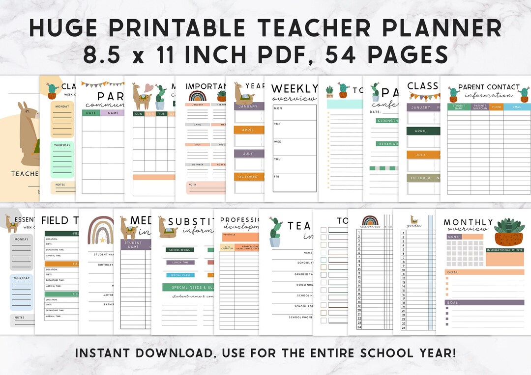 Huge Printable Teacher Planner, Boho Llama Theme Binder Planner, Back ...
