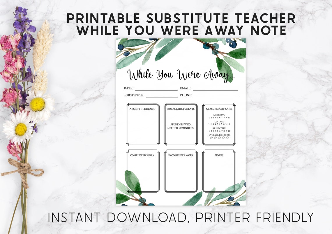 Printable Substitute Teacher Note Greenery While You Were - Etsy