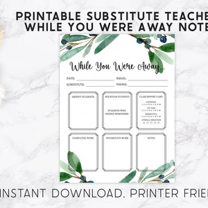 Printable Substitute Teacher Note Greenery While You Were - Etsy