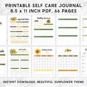 Printable Self Care Planner, Sunflower Self Care Journal, Wellness ...