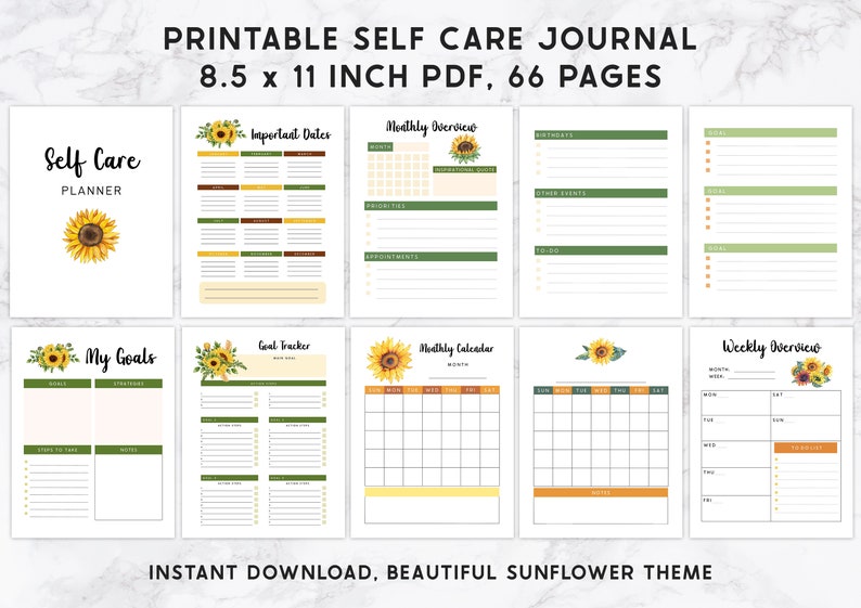 Printable Self Care Planner Sunflower Self Care Journal - Etsy