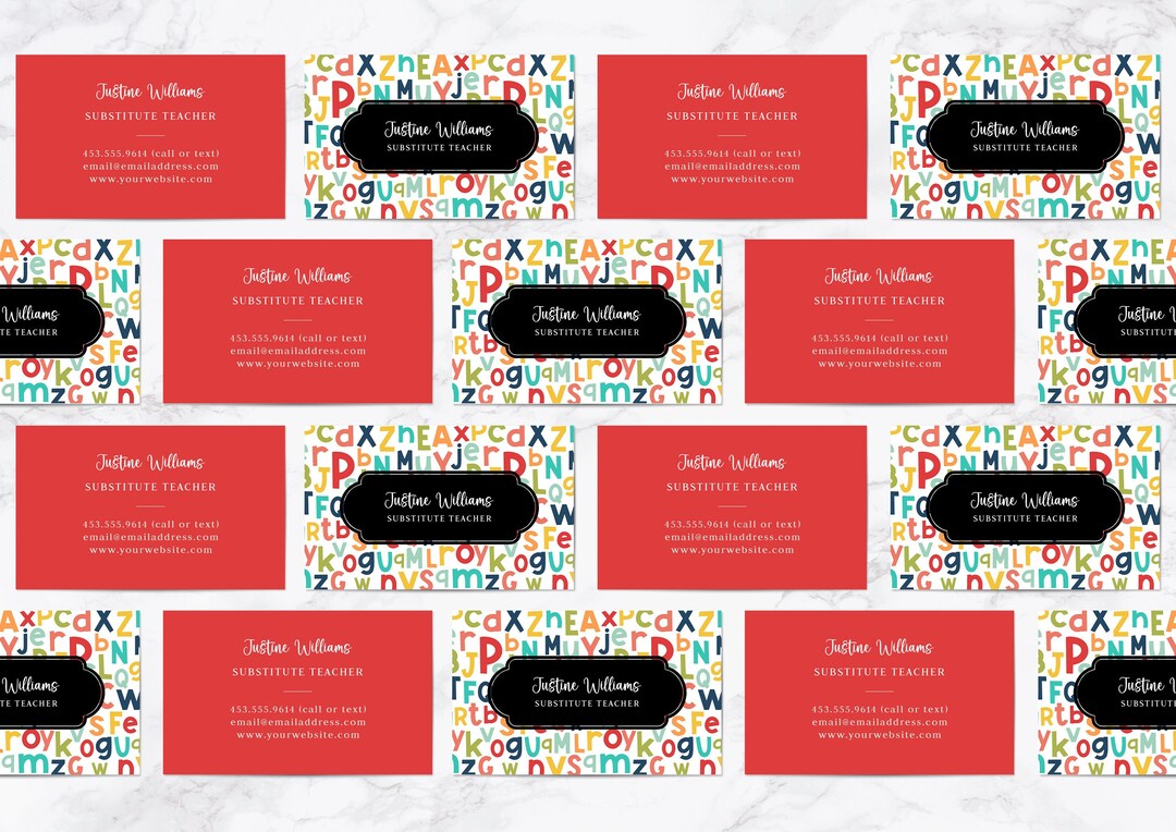 Substitute Teacher Business Cards, Elementary Alphabet School Calling ...