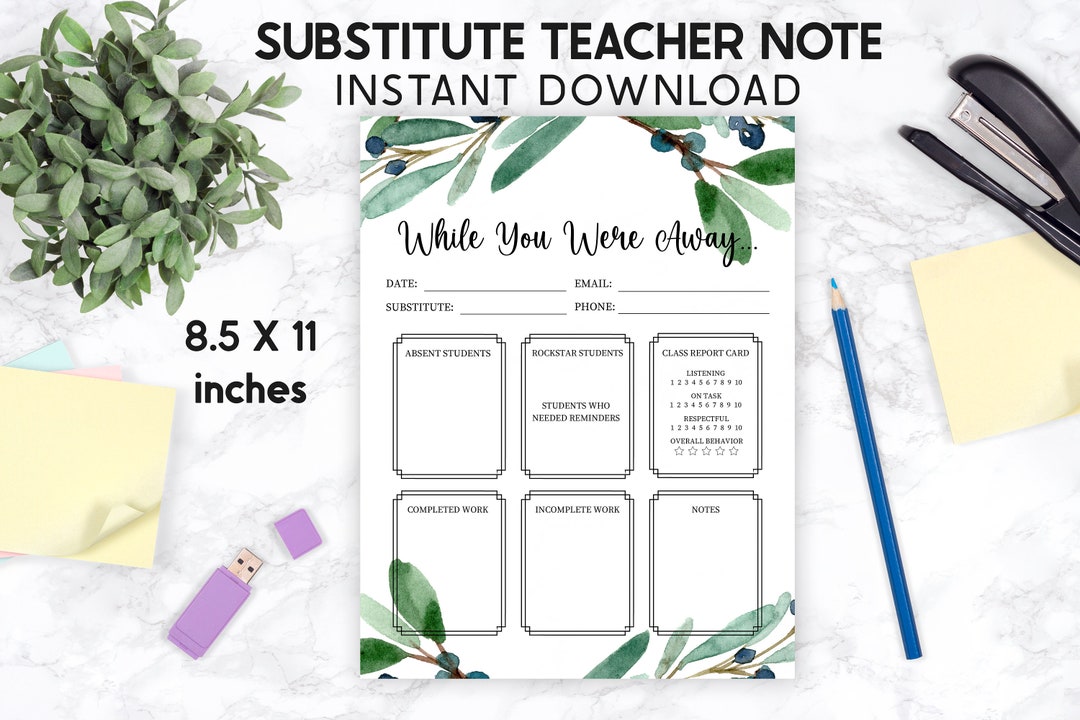 Printable Substitute Teacher Note Greenery While You Were - Etsy