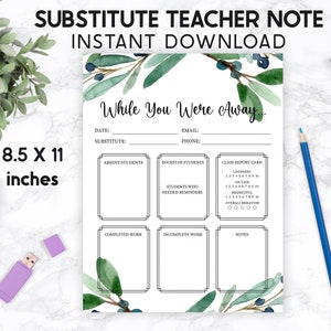 Printable Substitute Teacher Note Greenery While You Were - Etsy