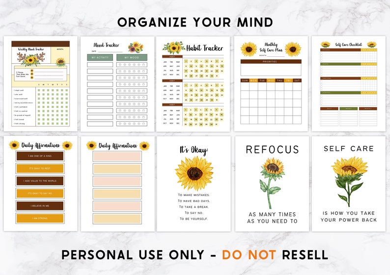 Printable Self Care Planner Sunflower Self Care Journal - Etsy
