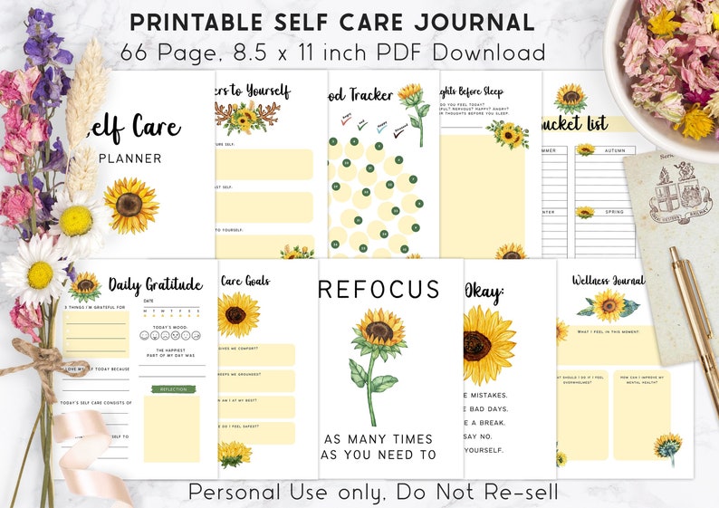 Printable Self Care Planner Sunflower Self Care Journal - Etsy