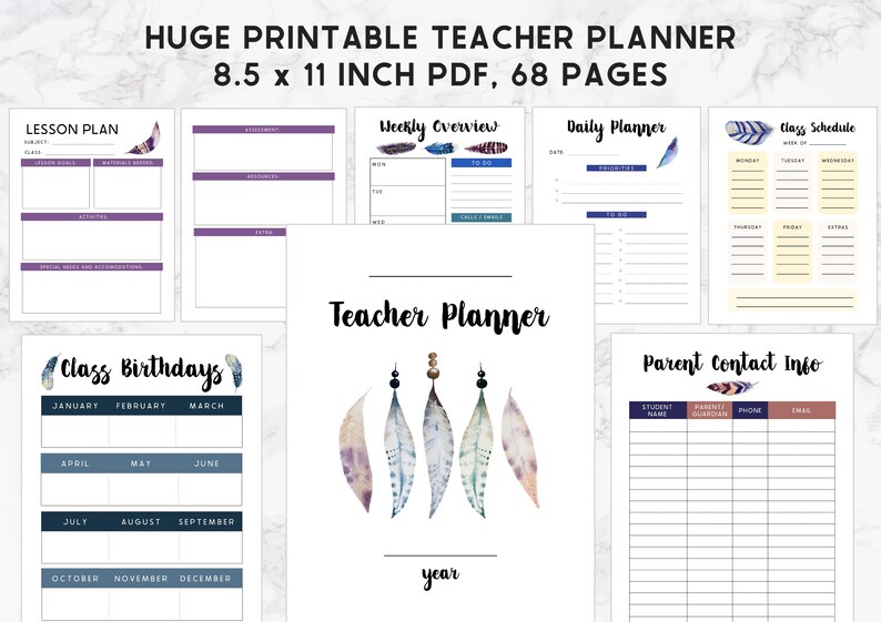 Printable Teacher Planner Boho Feather Ultimate Teacher - Etsy
