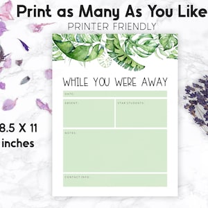 Printable Substitute Teacher While You Were Away Note, Jungle Greenery ...