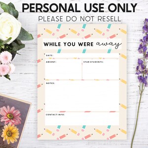 Printable Substitute Teacher Note, While You Were Away Note, Colorful ...