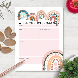 Printable Substitute Teacher While You Were Away Note, Boho Rainbow ...