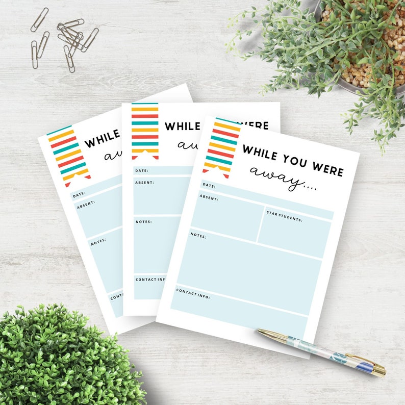Printable Substitute Teacher Note, While You Were Away Card, Colorful ...