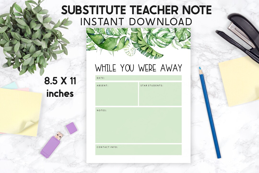 Printable Substitute Teacher While You Were Away Note, Jungle Greenery ...