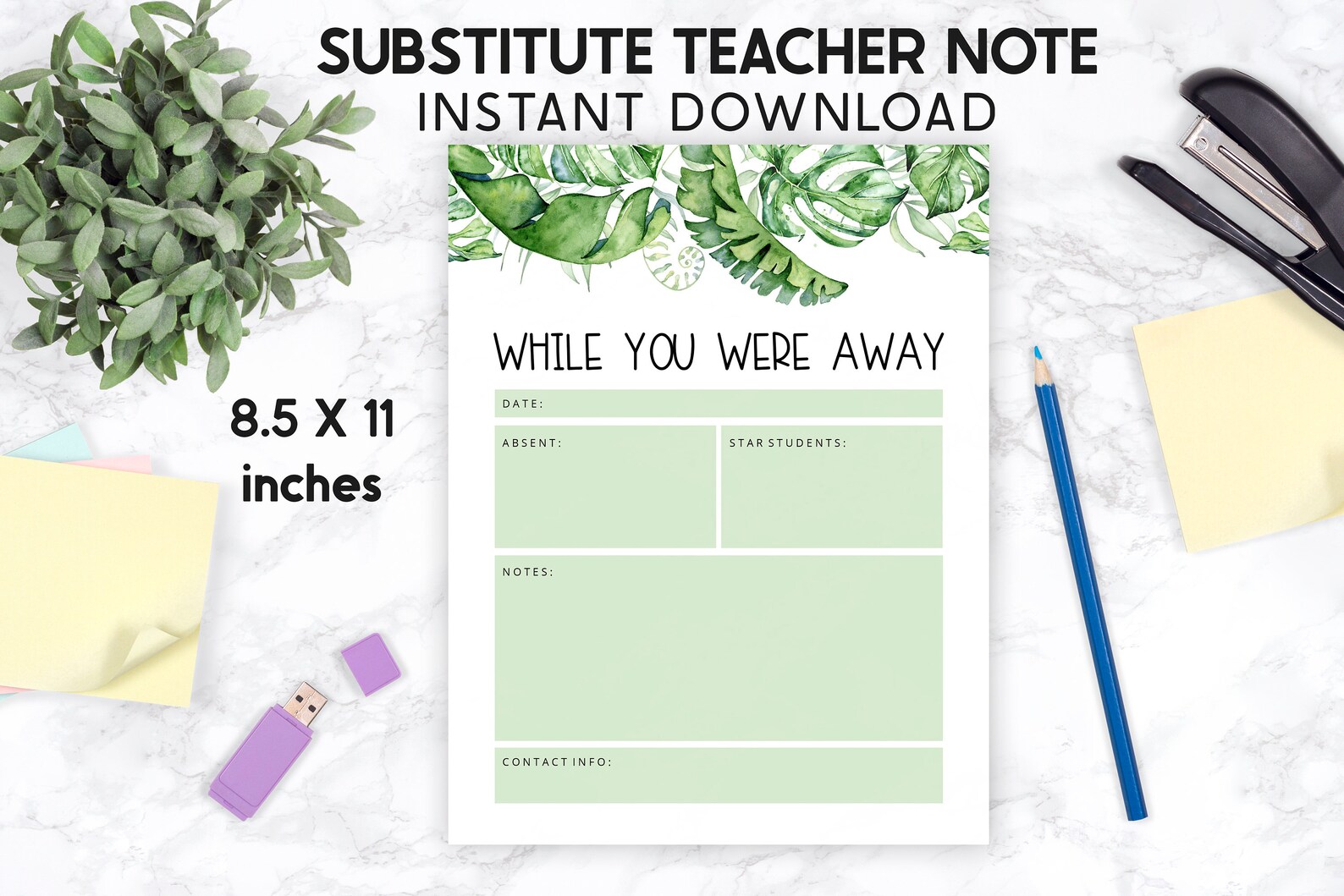 Printable Substitute Teacher While You Were Away Note Jungle - Etsy