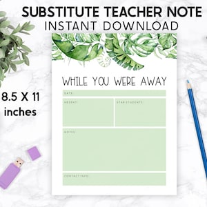 Printable Substitute Teacher While You Were Away Note, Jungle Greenery ...