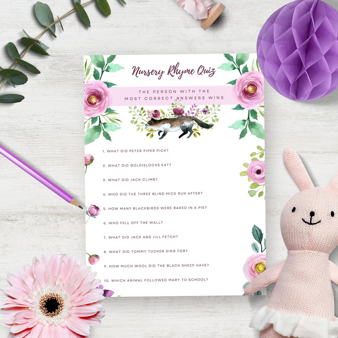 Nursery Rhyme Quiz Game, Guess the Nursery Rhyme, Purrfect Baby Shower ...
