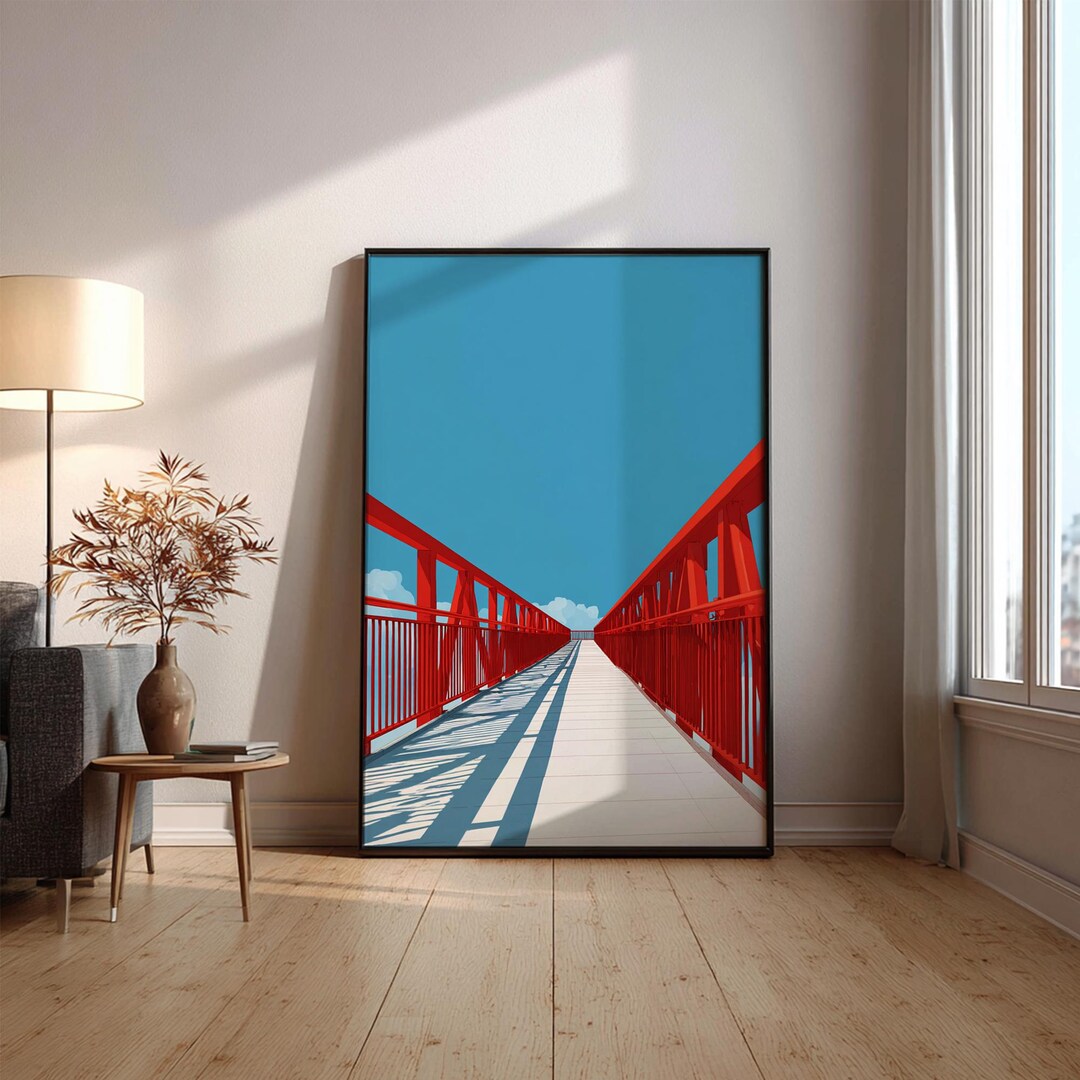 Bold Red Bridge Perspective Wall Art, Urban Architectural Print ...
