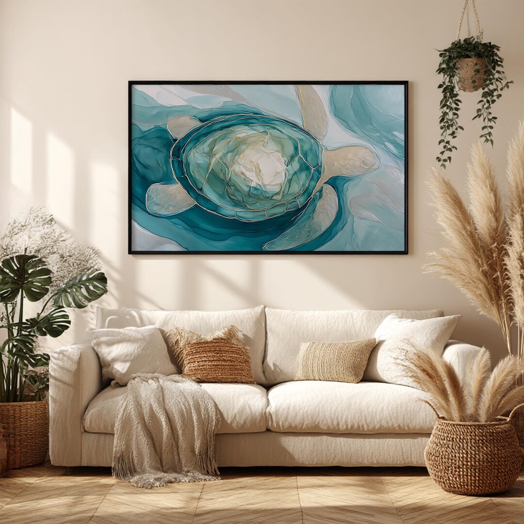 Sea Turtle Wall Art Printable | Abstract Ocean Animal Poster in Aqua ...