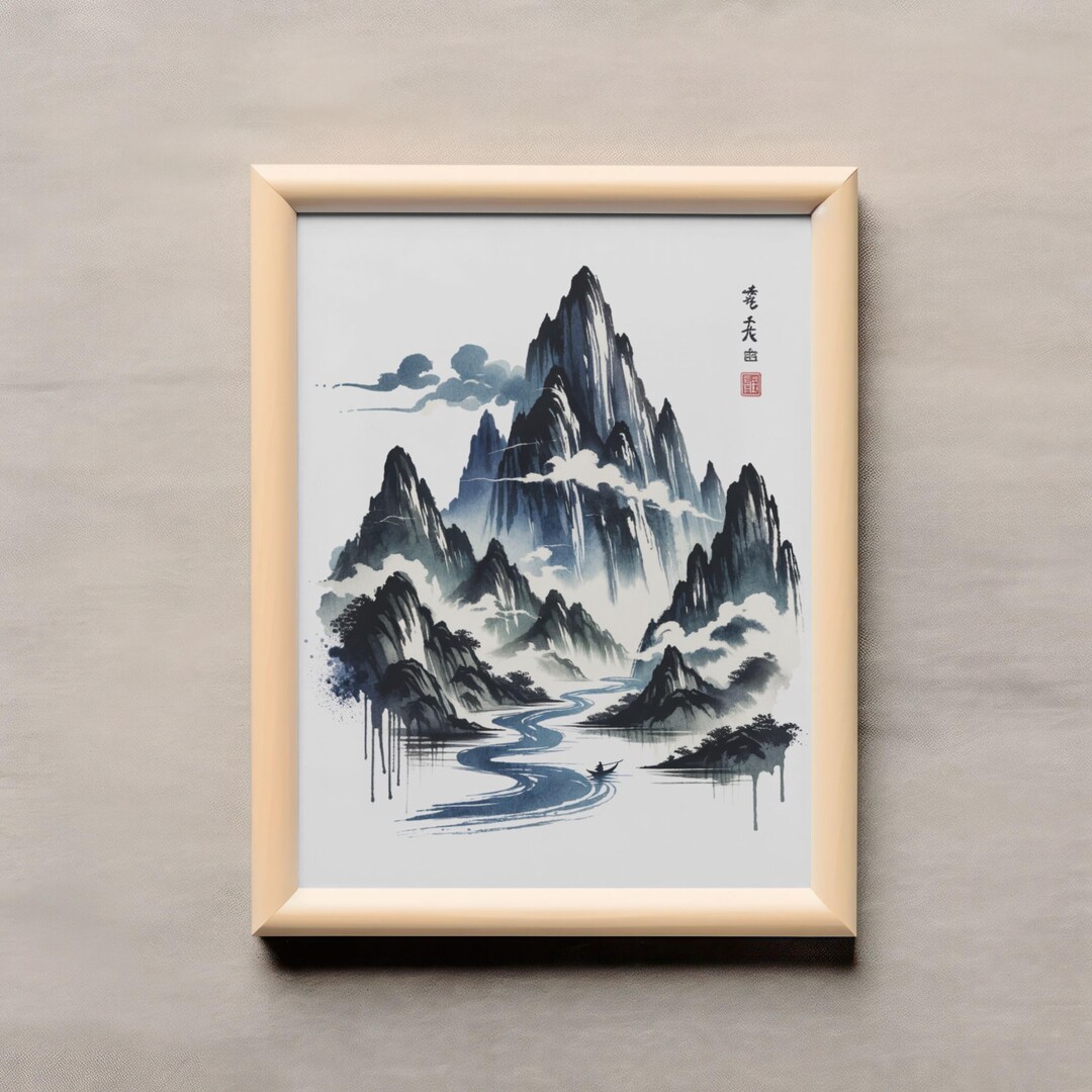 Sumi-e Mountain River Wall Art – Japanese Ink Landscape Printable – Zen ...