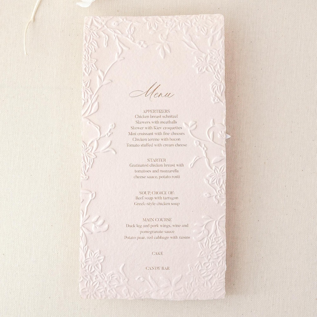 Real Gold Foil Embossed Wedding Menu – Elegant Floral Raised Design on ...