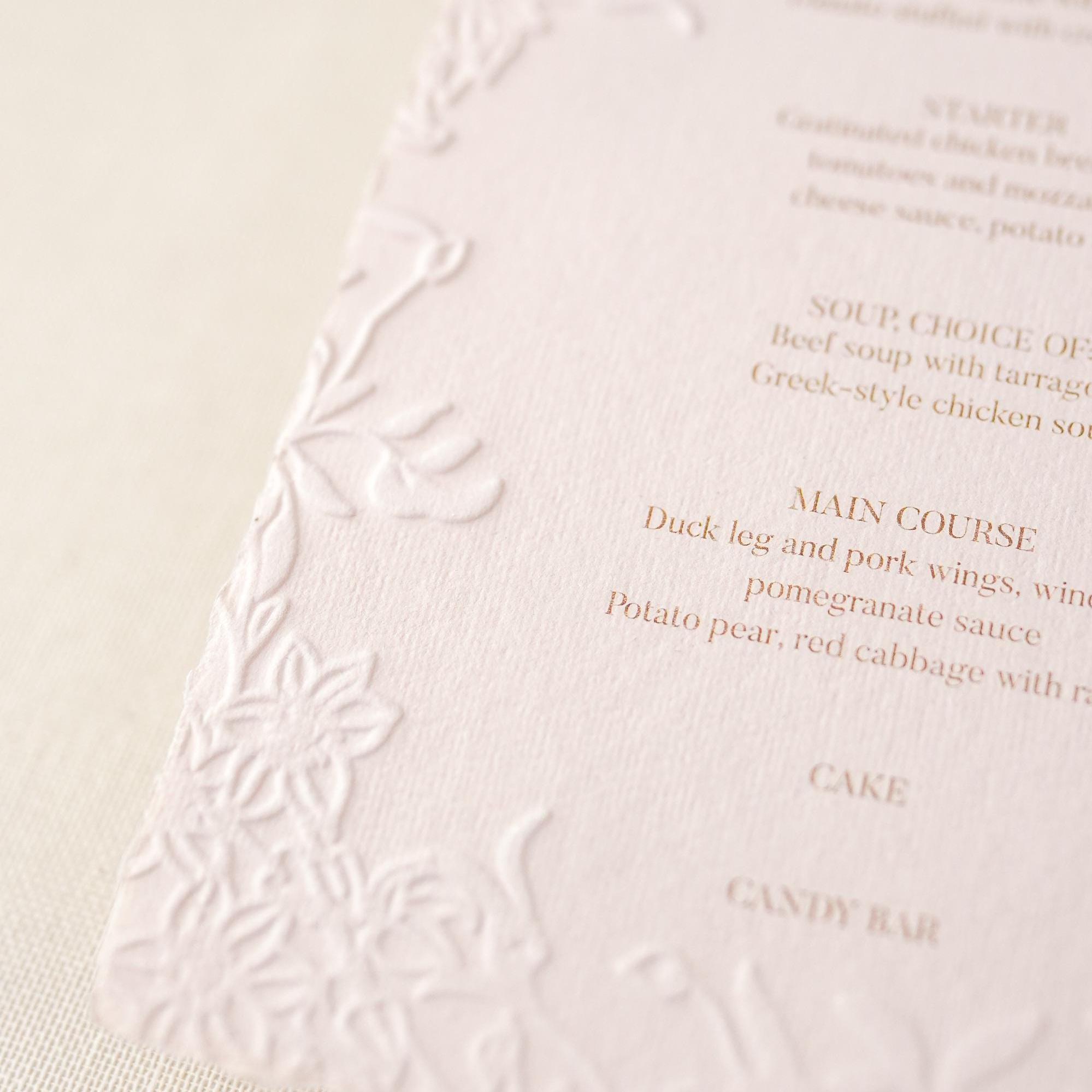 Real Gold Foil Embossed Wedding Menu – Elegant Floral Raised Design on ...